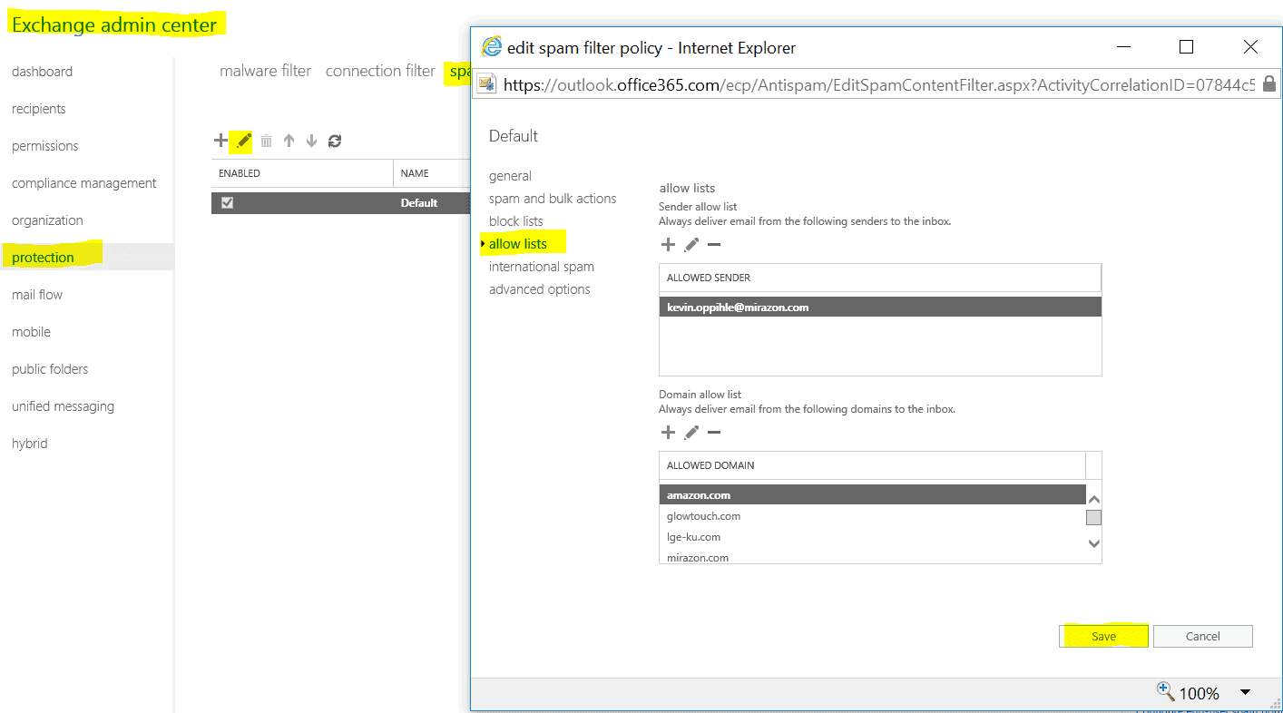 Mirazon Enable Additional Office 365 Email Filtering Settings
